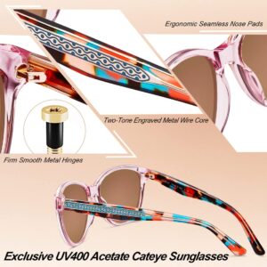 CARFIA Pink Mirrored Cateye Sunglasses for Women Polarized UV Protection, Handcrafted Acetate Frame with Embossed Wire Core