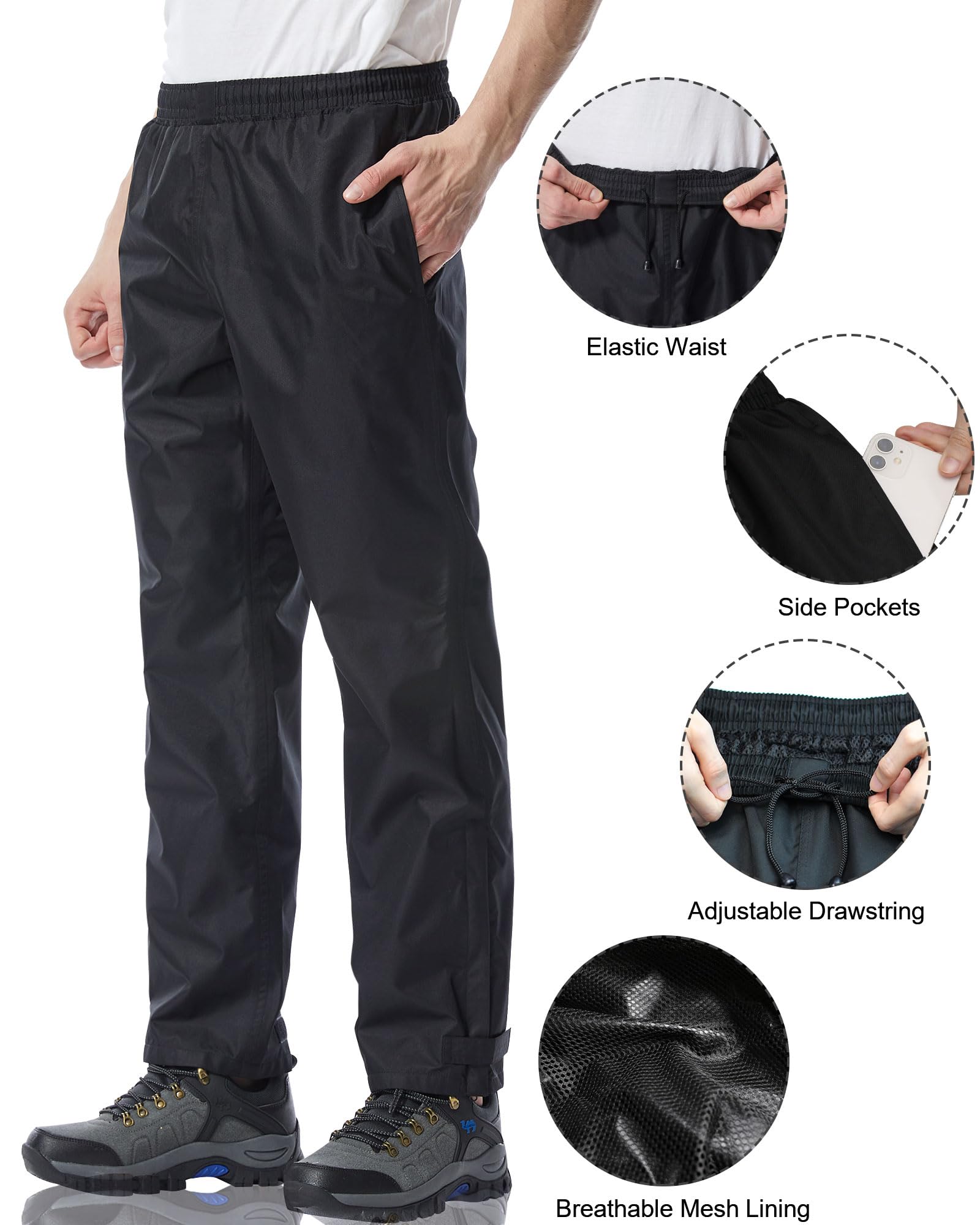 iCreek Men's Rain Pants Waterproof Over Pants Windproof Lightweight Hiking Pants Work Rain Outdoor for Golf, Fishing (Black, Small/28 Inseam)