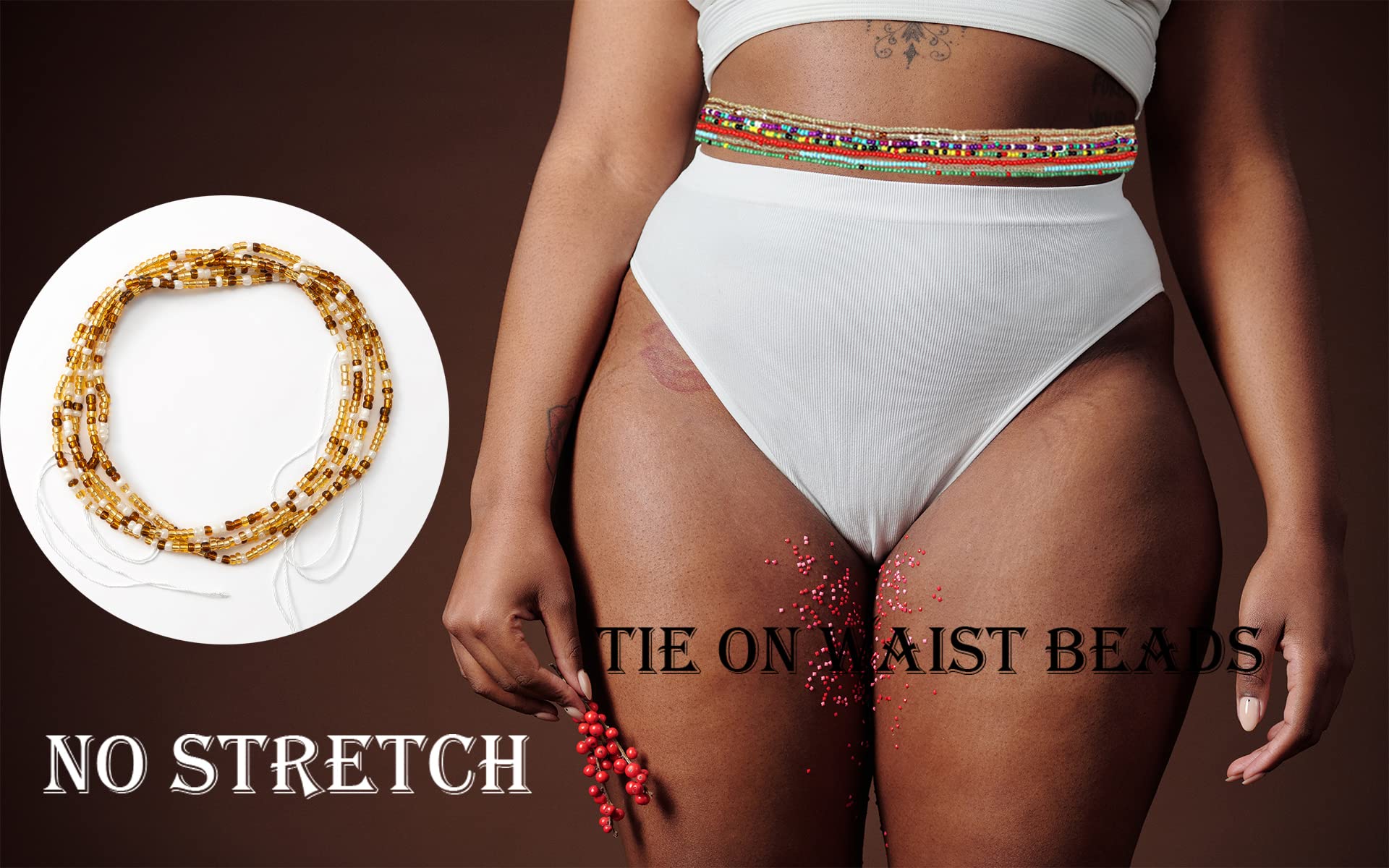 60 Inch Belly Beads for the Waist No Stretch Plus Size Tie on Waist Beads for Women DIY Custom Length Adjustable (Tie On, 60in)