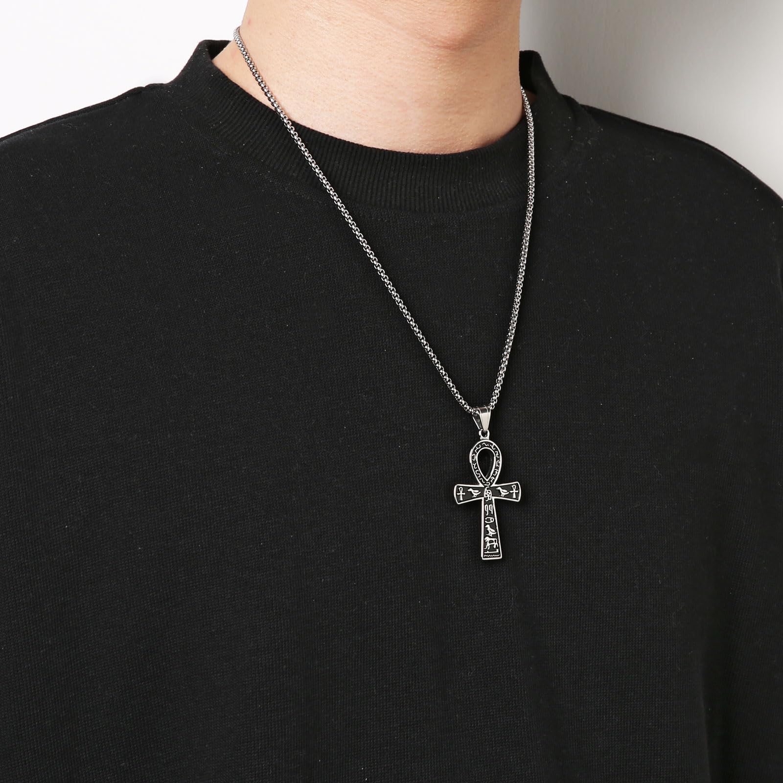 HZMAN Stainless Steel Large Ankh Cross Pendant Ancient Egyptian Hieroglyphic Symbol 22+2 Inch Chain (Silver-Small)