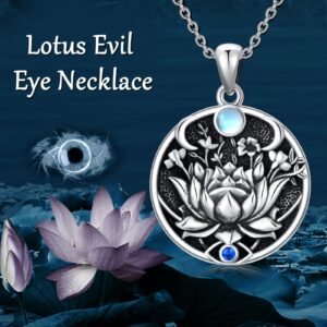 PROESS Lotus Evil Eye Necklace Sterling Silver Evil Eye Pendant Spiritual Protection Charm Moonstone Jewelry Moon Necklace for Women Men