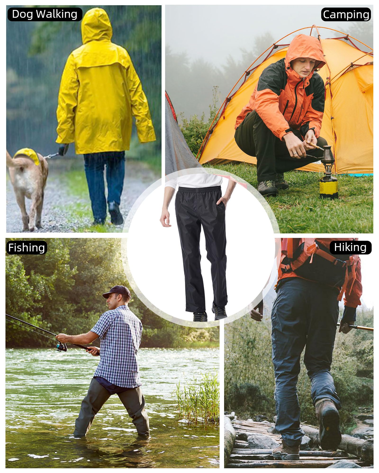 iCreek Men's Rain Pants Waterproof Over Pants Windproof Lightweight Hiking Pants Work Rain Outdoor for Golf, Fishing (Black, Small/28 Inseam)