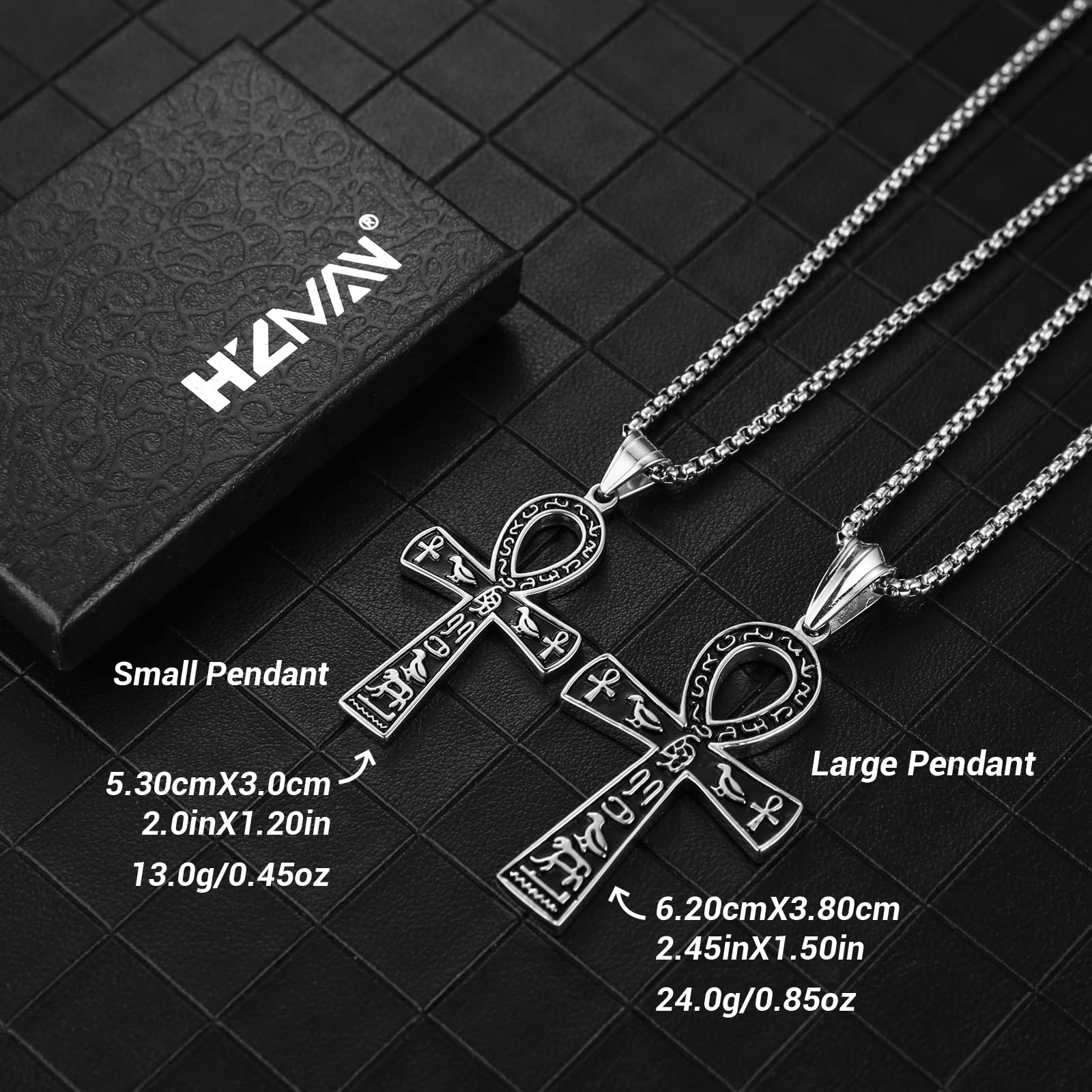 HZMAN Stainless Steel Large Ankh Cross Pendant Ancient Egyptian Hieroglyphic Symbol 22+2 Inch Chain (Silver-Small)