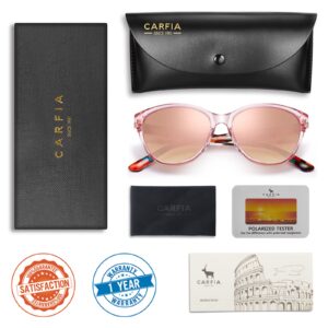 CARFIA Pink Mirrored Cateye Sunglasses for Women Polarized UV Protection, Handcrafted Acetate Frame with Embossed Wire Core