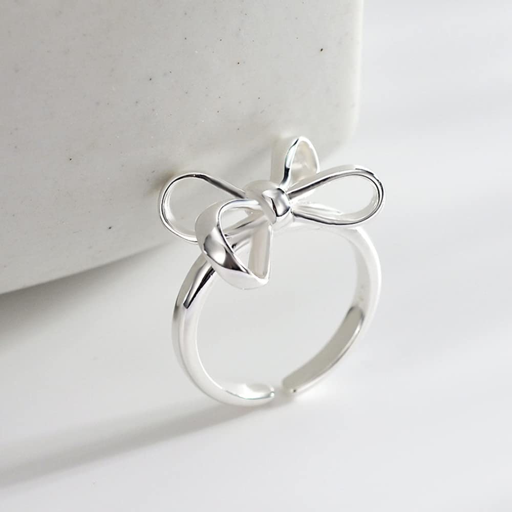 Chic 3D Bow Knot Open Statement Rings 925 Sterling Silver for Women Minimalist Butterfly Knot Promise Engagement Eternity Ring Finger Band Adjustable Cute Jewelry