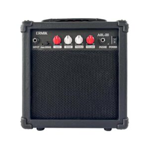 ermik electric guitar amp 20w electric guitar amplifier built in speaker headphone jack input and aux jackdrive button 4 knobs gain bass treble and volume, portable - black (20w)