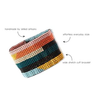 INK + ALLOY Women's Pink Peacock Yellow Horizontal Stripe Stretch Beaded Cuff Bracelet Handmade Jewelry for the Modern Bohemian