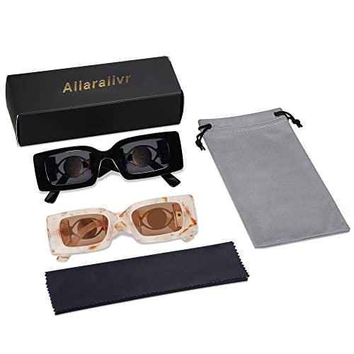 Allarallvr Y2K Rectangle Sunglasses for Women Vintage Trendy 90S Gafas De Sol Para Mujer Sun Glasses AR82074(Black+Yellow Tortoise)