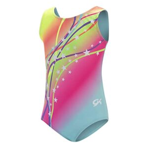 gk stars gymnastics & dance leotard for girls and toddlers - activewear one piece outfit in fun colorful prints (child medium, rainbow starburst)