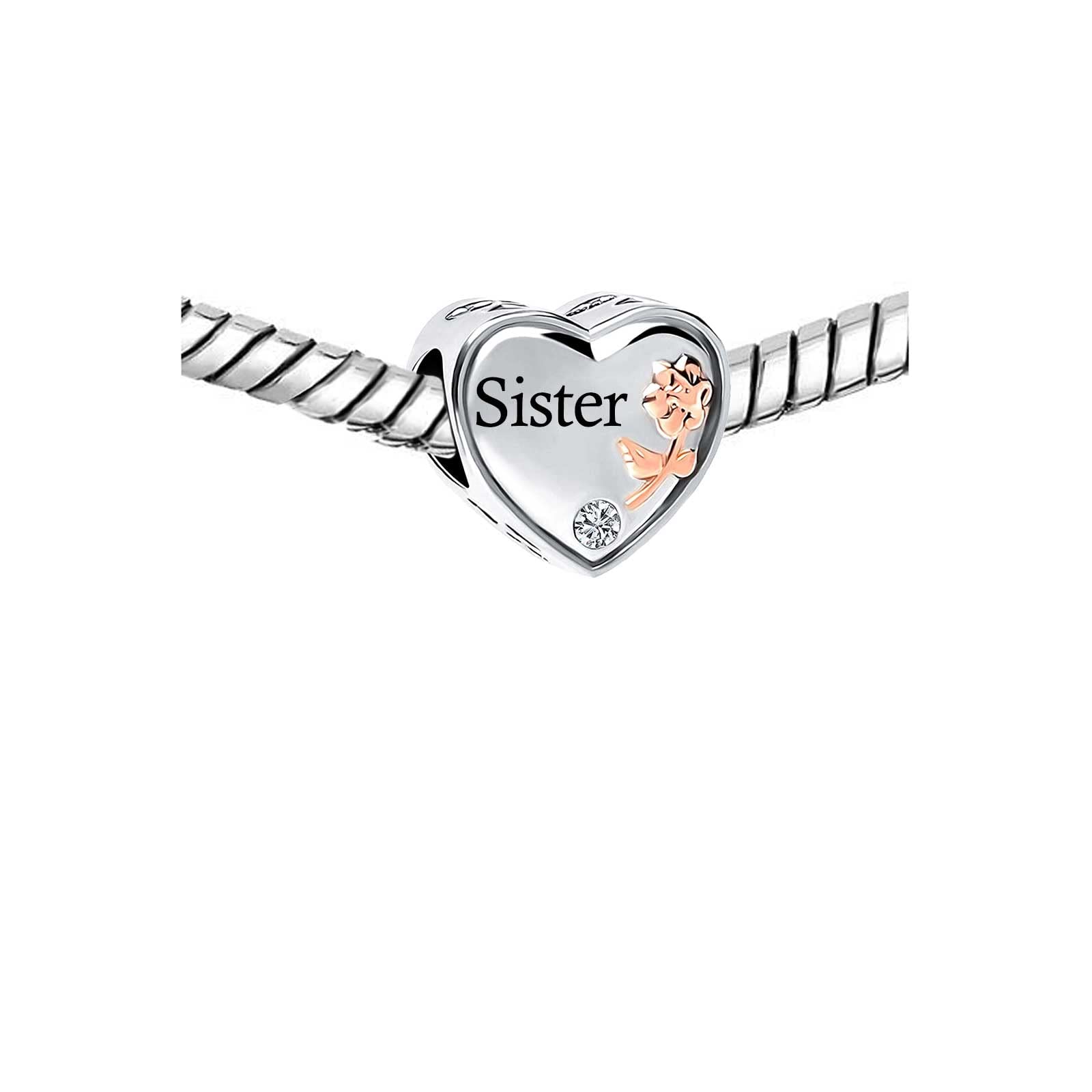 KunBead Rose Heart Love Sister Bead Charms Compatible with Pandora Bracelets