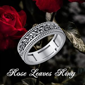 PROESS Rose Spinner Ring 925 Sterling Silver Fidget Anxiety Ring Thumb Ring Stress Relief Ring Rose Leaves Ring Jewelry Size 8 for Birthday Christmas for Women Men