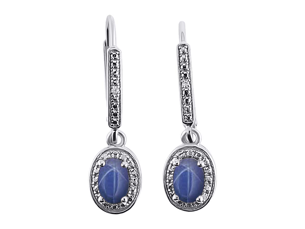 Rylos Sterling Silver Dangling Earrings - 6X4MM Oval Blue Star Sapphire & Sparkling Diamonds - Exquisite Birthstone Jewelry