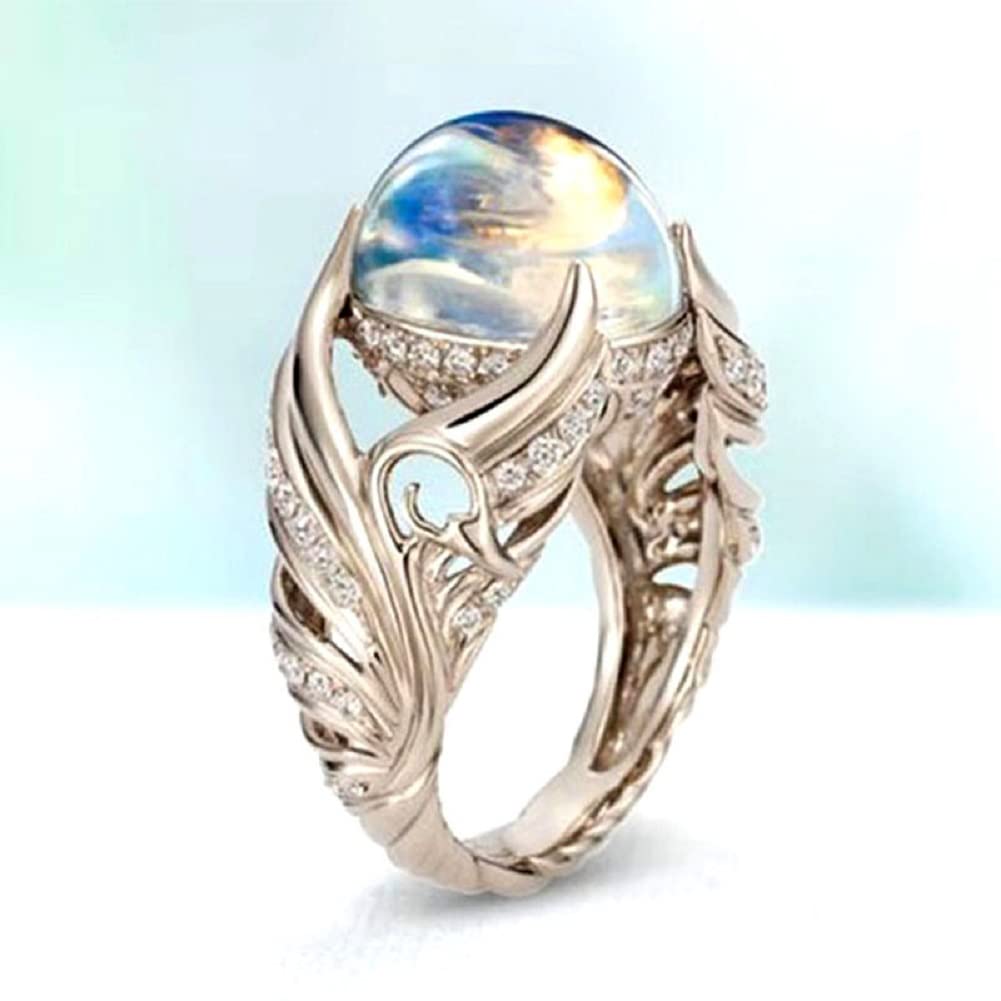 SSZUKOOU Unique 925 Sterling Silver Floral Ring Angel Wings Wedding Band Charming Moonstone Diamond Jewelry Casual Accessory Engagement Rings (US 8)