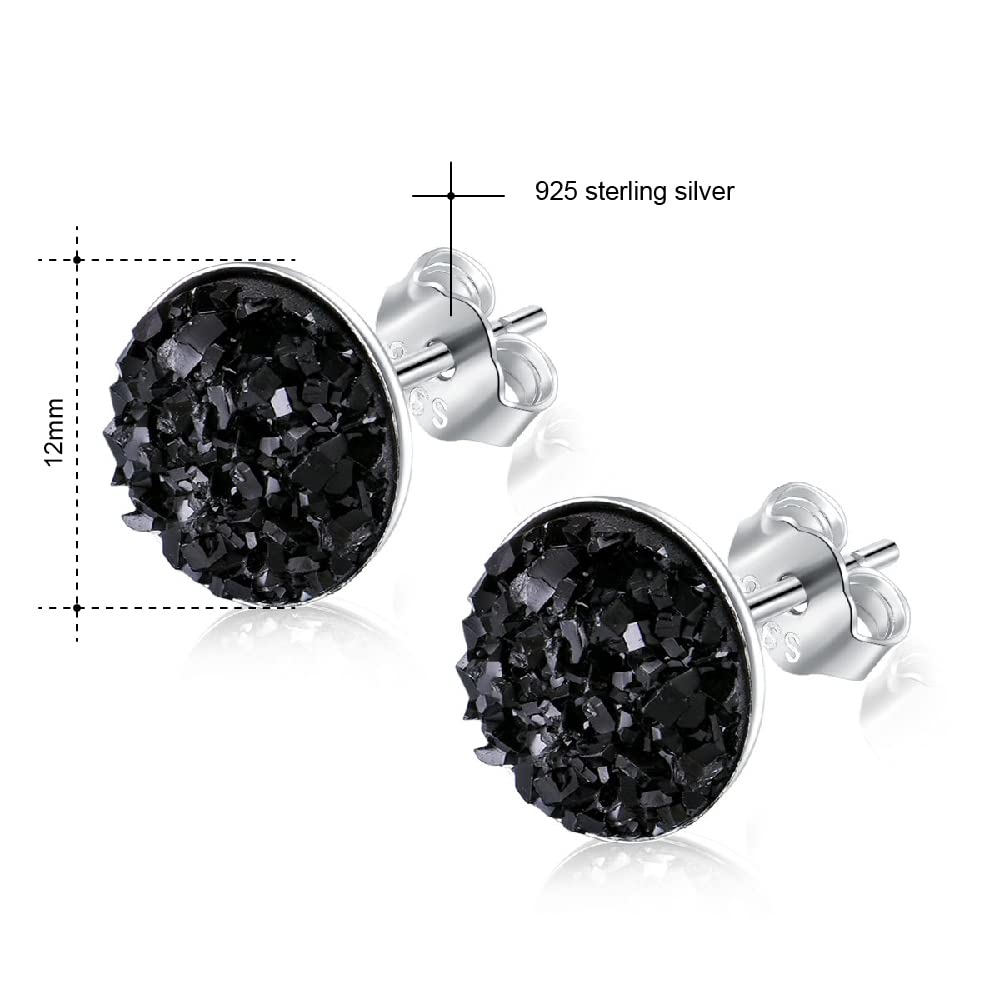 Black Earrings for Women, 925 Sterling Silver Black Stud Earrings Round Faux Druzy Earrings Hypoallergenic for Women Men (12mm, Black)