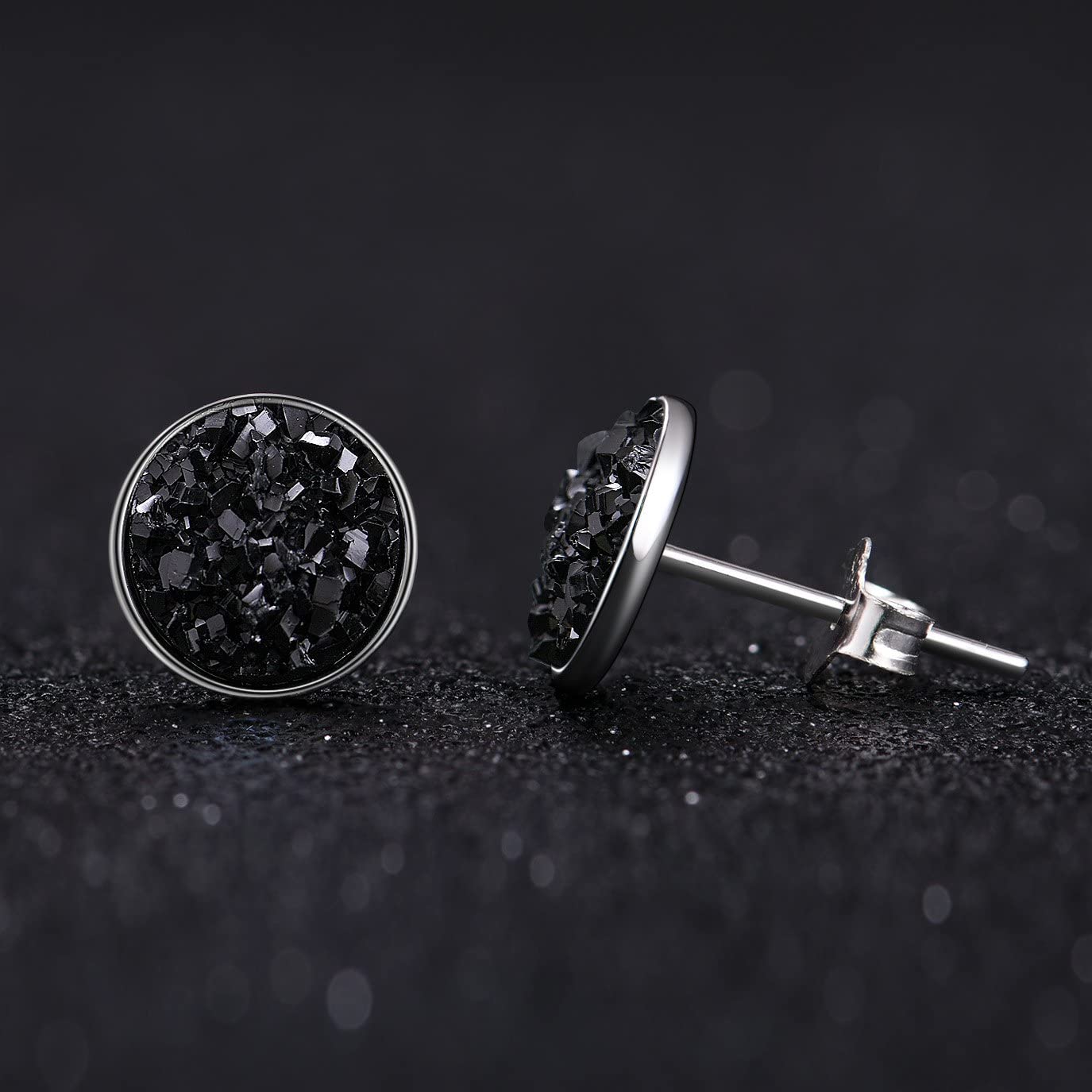 Black Earrings for Women, 925 Sterling Silver Black Stud Earrings Round Faux Druzy Earrings Hypoallergenic for Women Men (12mm, Black)