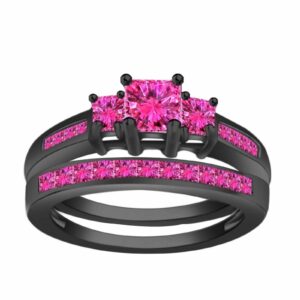 ismatara princess cut pink sapphire 925 sterling silver 14k black gold over diamond wedding engagement bridal ring set for women's