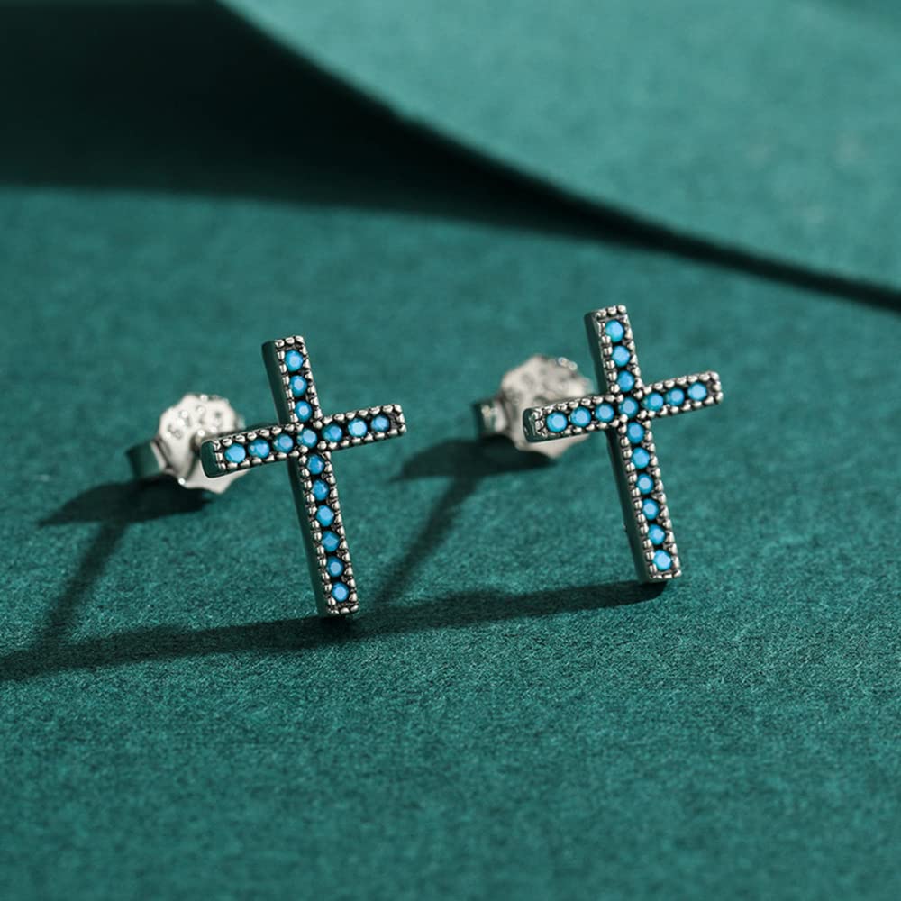 Turquoise Cross Tiny Stud Earrings 925 Sterling Silver Blue Stone CZ Cartilage Tragus Earring Sleeper Statement Stud Faith Ear Piercing Jewelry Gifts for Women