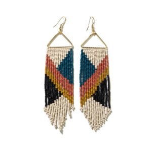 ink+alloy women's peacock rust citron fringe on brass triangle seed bead dangle earrings handmade jewelry for the modern bohemian, 4.5-inches