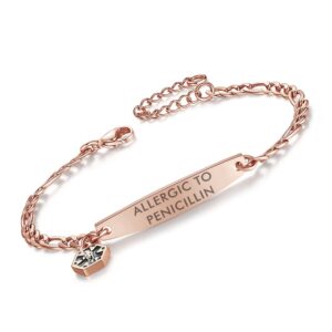 mnmoom medical id bracelets for women 7-8.5 inch stainless steel small figaro chain medical alert bracelets (rose gold/penicillin)