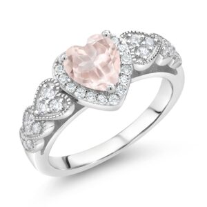 gem stone king 925 sterling silver heart shape rose quartz and white moissanite ring for women (0.90 cttw, gemstone birthstone, available in size 5, 6, 7, 8, 9)