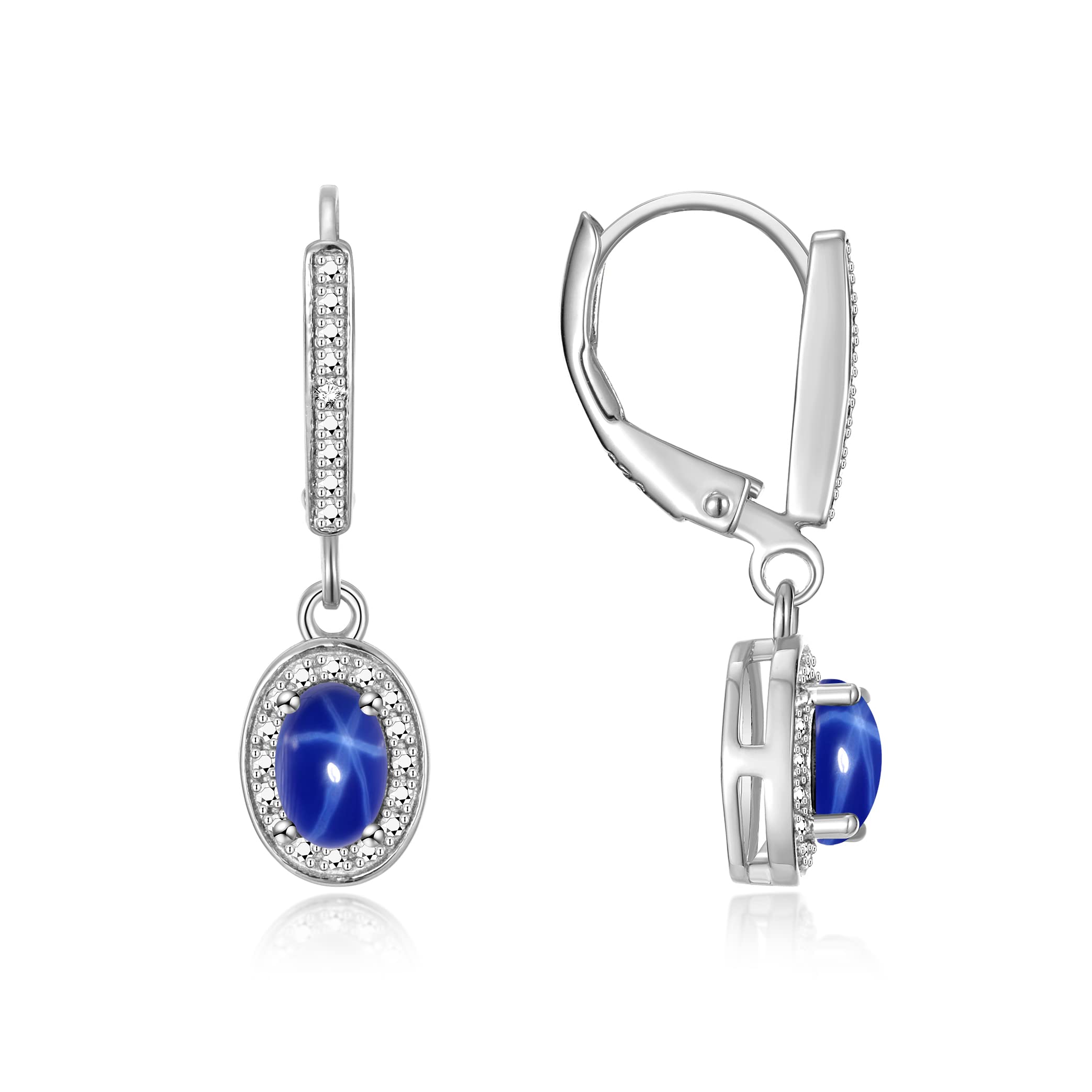 Rylos Sterling Silver Dangling Earrings - 6X4MM Oval Blue Star Sapphire & Sparkling Diamonds - Exquisite Birthstone Jewelry