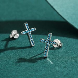 Turquoise Cross Tiny Stud Earrings 925 Sterling Silver Blue Stone CZ Cartilage Tragus Earring Sleeper Statement Stud Faith Ear Piercing Jewelry Gifts for Women