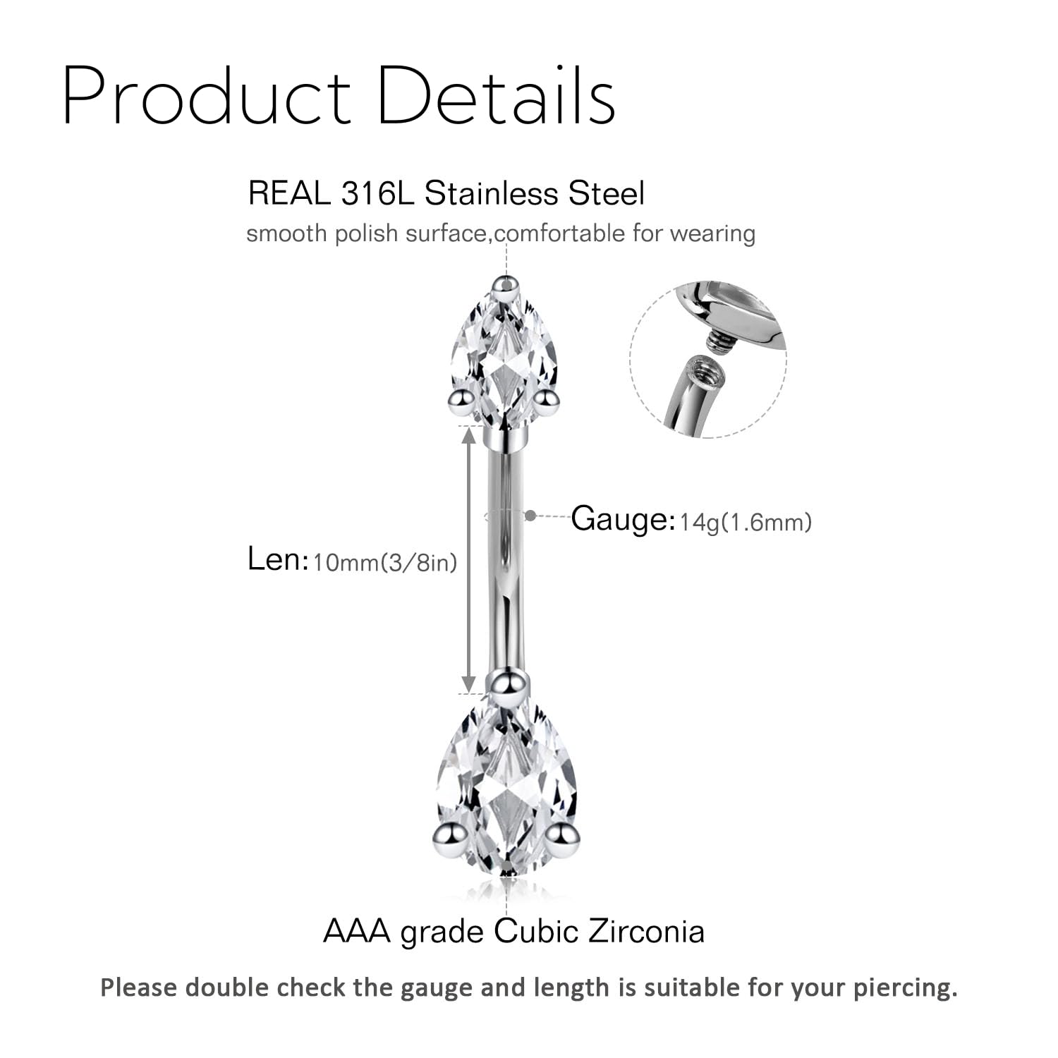 FECTAS 14g Belly Button Rings Small Petite Surgical Steel CZ Petite Navel Ring for Women Body Piercing Jewelry Curved Barbell Len 10mm Silver