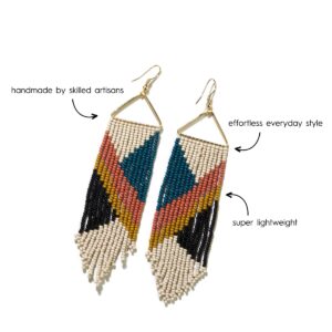 INK+ALLOY Women's Peacock Rust Citron Fringe on Brass Triangle Seed Bead Dangle Earrings Handmade Jewelry for the Modern Bohemian, 4.5-Inches