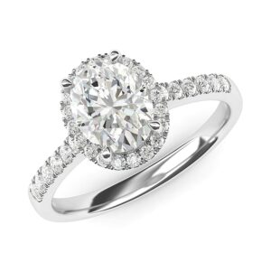 10k White Gold Oval Cut Genuine Moissanite Halo Engagement Ring with Side Stones Promise Bridal Ring (7.5)