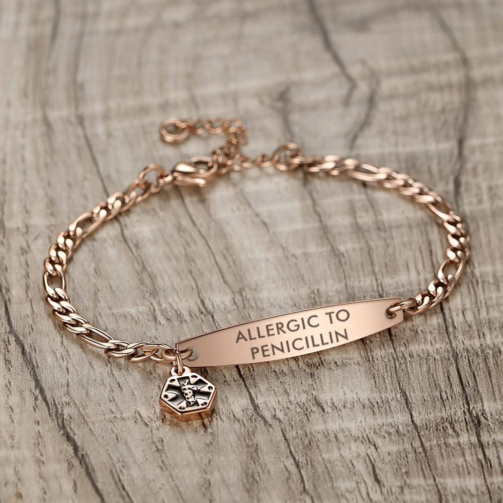 mnmoom Medical id bracelets for women 7-8.5 inch stainless steel small Figaro chain Medical alert bracelets (Rose Gold/penicillin)