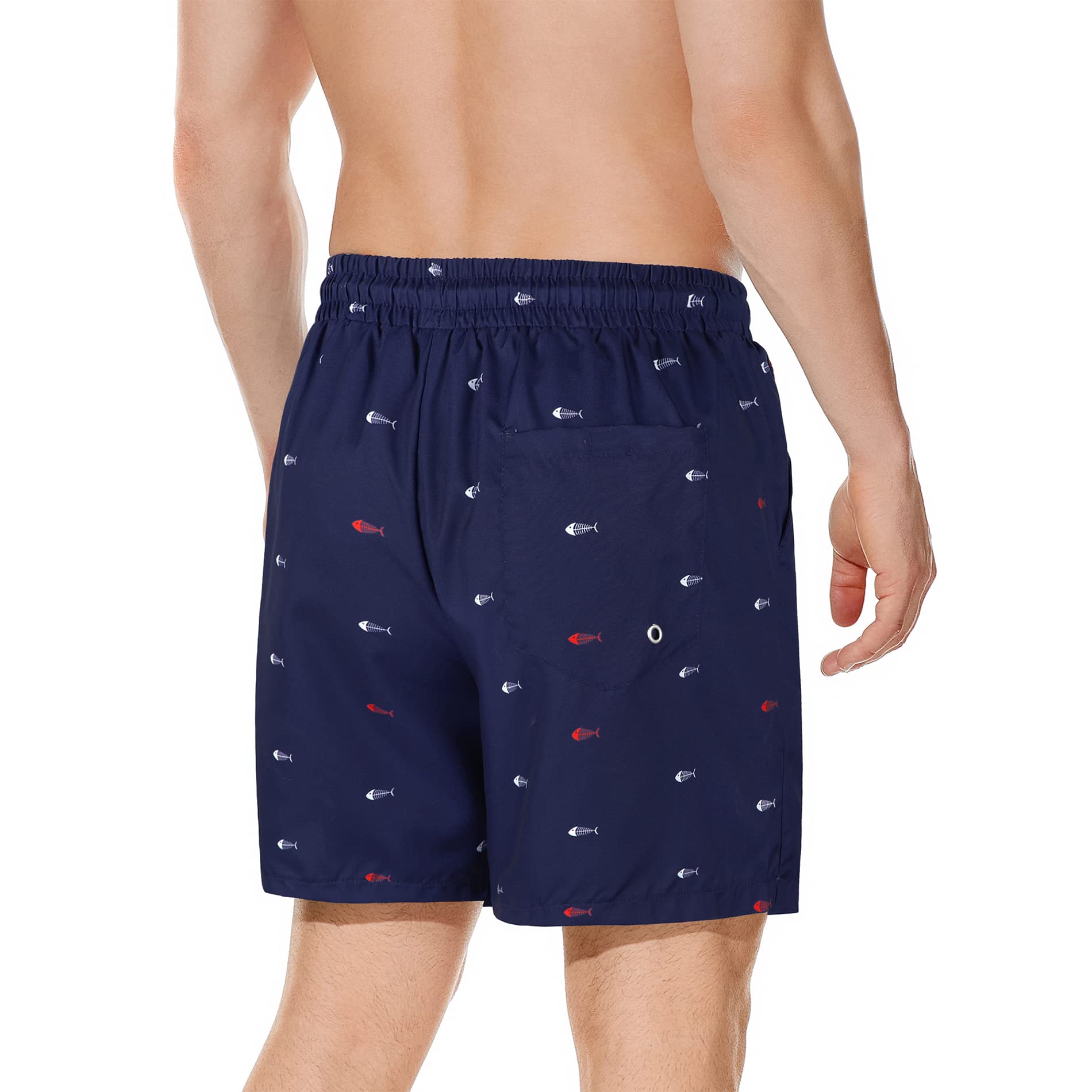 American Trends Mens Beach Short Summer Water Swimsuit for Men Swim Shorts with Compression Liner Bathing Suit Navy Blue Fish Bone XL