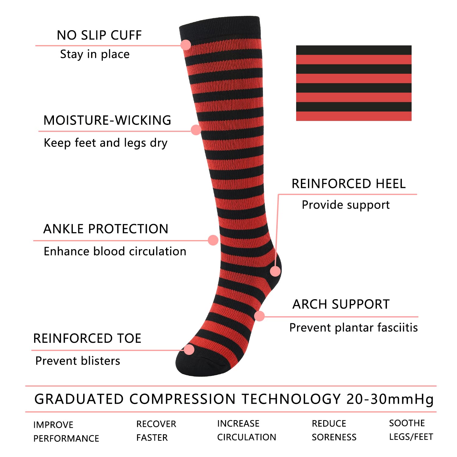 Junely Halloween Compression Socks for Women Striped Knee High Stockings for Running Nurses Travel Pregnancy Long Flights Gifts Red Black