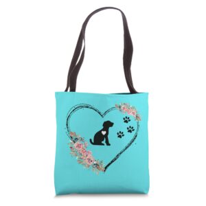 puppy heartbeat with paw prints and flowers on blue tote bag