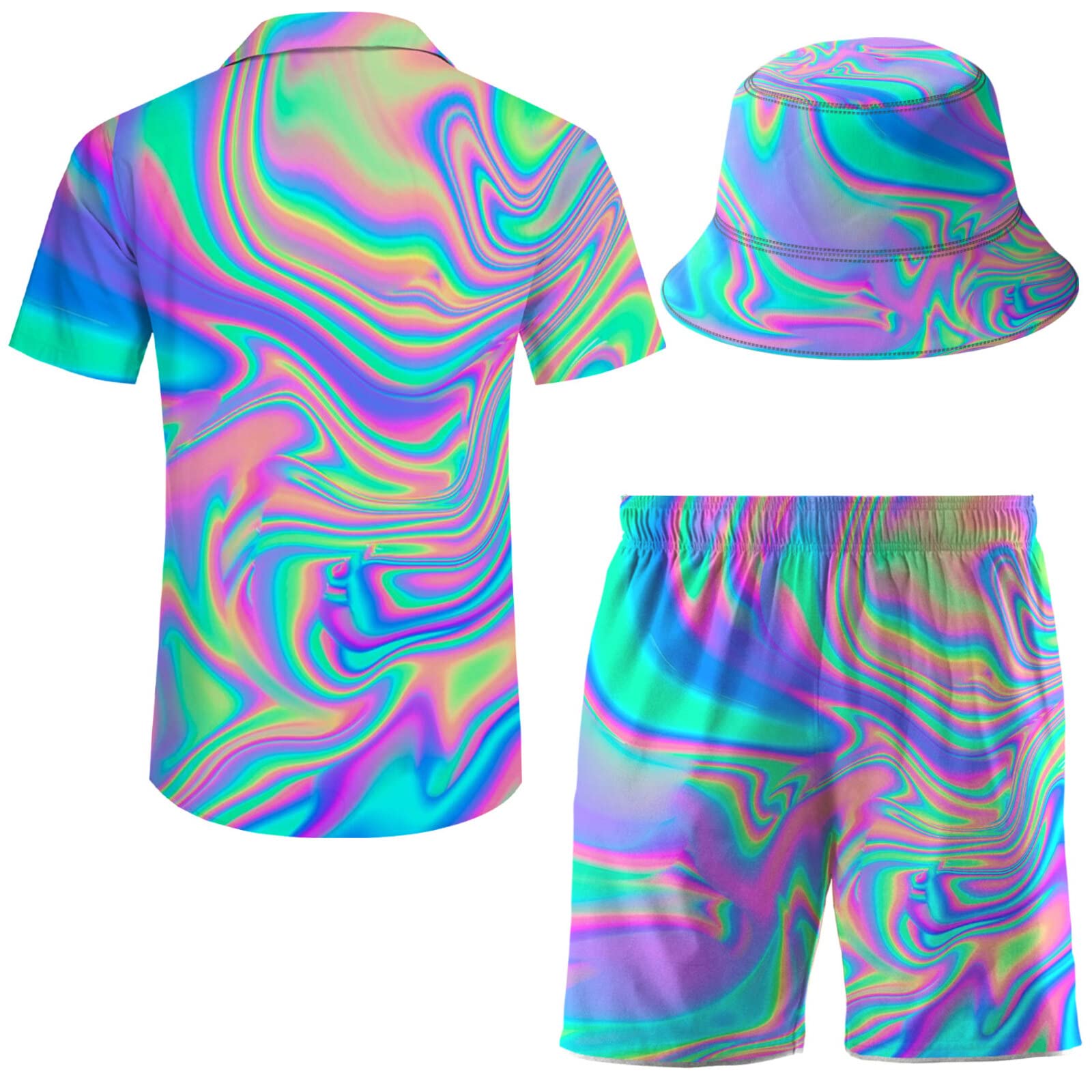 Wdpsuxin Men's 2 Piece Tracksuit Psychedelic Trippy Hawaiian Shirt Shorts Button Down Shirt and Shorts Sets with Bucket Hats X-Large