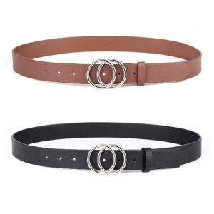 UnFader Pack 2 Women Belts for Jeans with Fashion Sliver Double O-Ring Buckle and Faux Leather