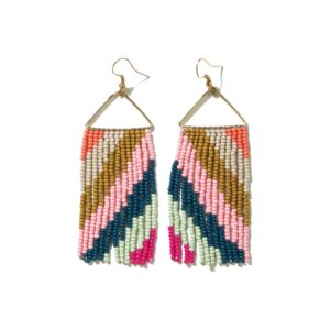 ink+alloy beaded boho earrings for women, whitney medium fringe dangle statement earrings, handmade jewelry for the modern bohemian, 3.25-inch length (rainbow diagonal stripes)