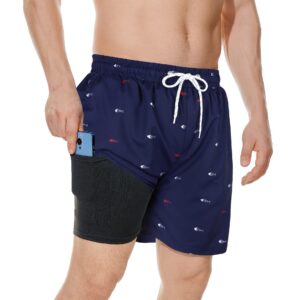 american trends mens beach short summer water swimsuit for men swim shorts with compression liner bathing suit navy blue fish bone xl