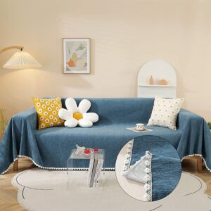 handontime blue sectional couch covers easy fitted sofa covers for 3 cushion couch universal chenille sofa cover durable furniture protector with floral lace bottom for kids dogs pets, 71" x150"