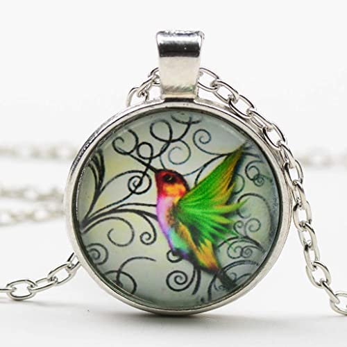 Round Locket Necklaces for Women Pressed Flower Hummingbird Transparent Glass Pendant Necklace Locket Scroll Design Charm Shaped Novelty Fine Jewelry Gifts for Her Useful Processed, as shown