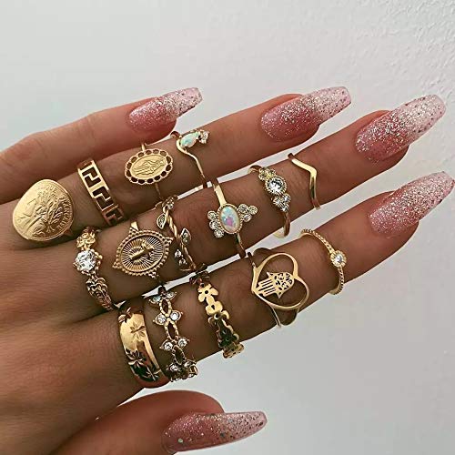 Vintage Silver Gold Knuckle Rings Set for Women, 74 Pcs Bohemian Stackable Joint Finger Rings, Hollow Carved Flowers Retro Stone Crystal Stacking Midi Rings Pack