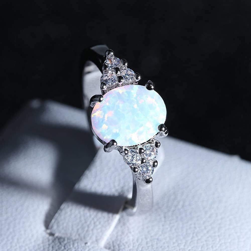 U-M White Gold Rings for Women Simulated Opal with Diamond Accent Womens Ring Fashion Engagement Bride Bridesmaid Jewelry Accessories Festive Birthday Party Favors Deft and Attractive