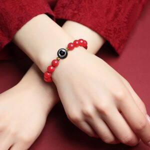 LCiclly Evil Eye Beaded Bracelet for Women, Feng Shui Wealth Bracelet Red Cinnabar Natural Crystal Onyx Relief Reiki Healing Stone Original Double Protection Red Strand Bracelet Bring Luck Prosperity