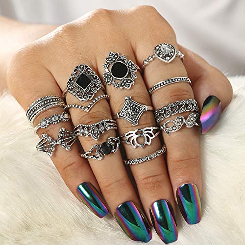 Vintage Silver Gold Knuckle Rings Set for Women, 74 Pcs Bohemian Stackable Joint Finger Rings, Hollow Carved Flowers Retro Stone Crystal Stacking Midi Rings Pack