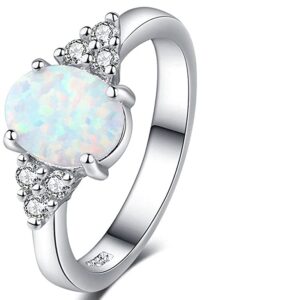 U-M White Gold Rings for Women Simulated Opal with Diamond Accent Womens Ring Fashion Engagement Bride Bridesmaid Jewelry Accessories Festive Birthday Party Favors Deft and Attractive