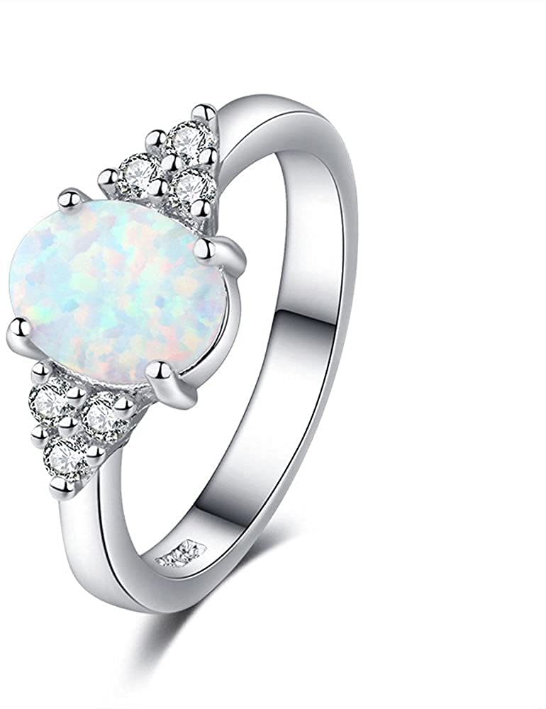 U-M White Gold Rings for Women Simulated Opal with Diamond Accent Womens Ring Fashion Engagement Bride Bridesmaid Jewelry Accessories Festive Birthday Party Favors Deft and Attractive