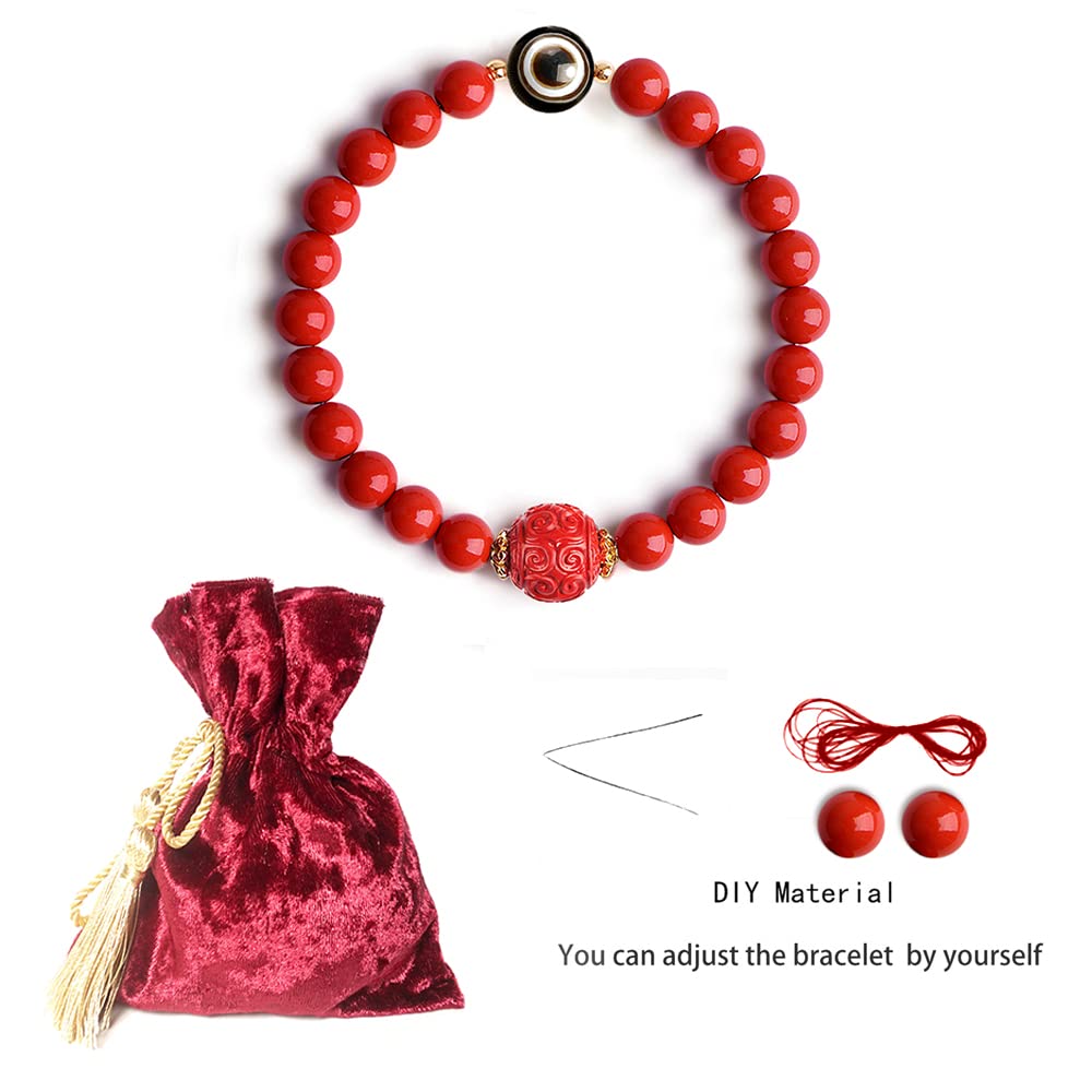 LCiclly Evil Eye Beaded Bracelet for Women, Feng Shui Wealth Bracelet Red Cinnabar Natural Crystal Onyx Relief Reiki Healing Stone Original Double Protection Red Strand Bracelet Bring Luck Prosperity