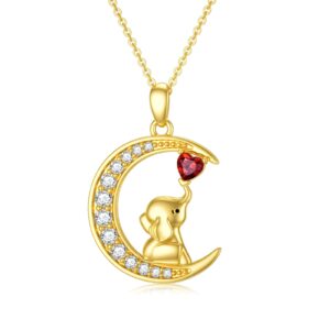 14k gold lucky elephant necklace with garnet moon necklace with moissanite cute animal jewelry gift for women