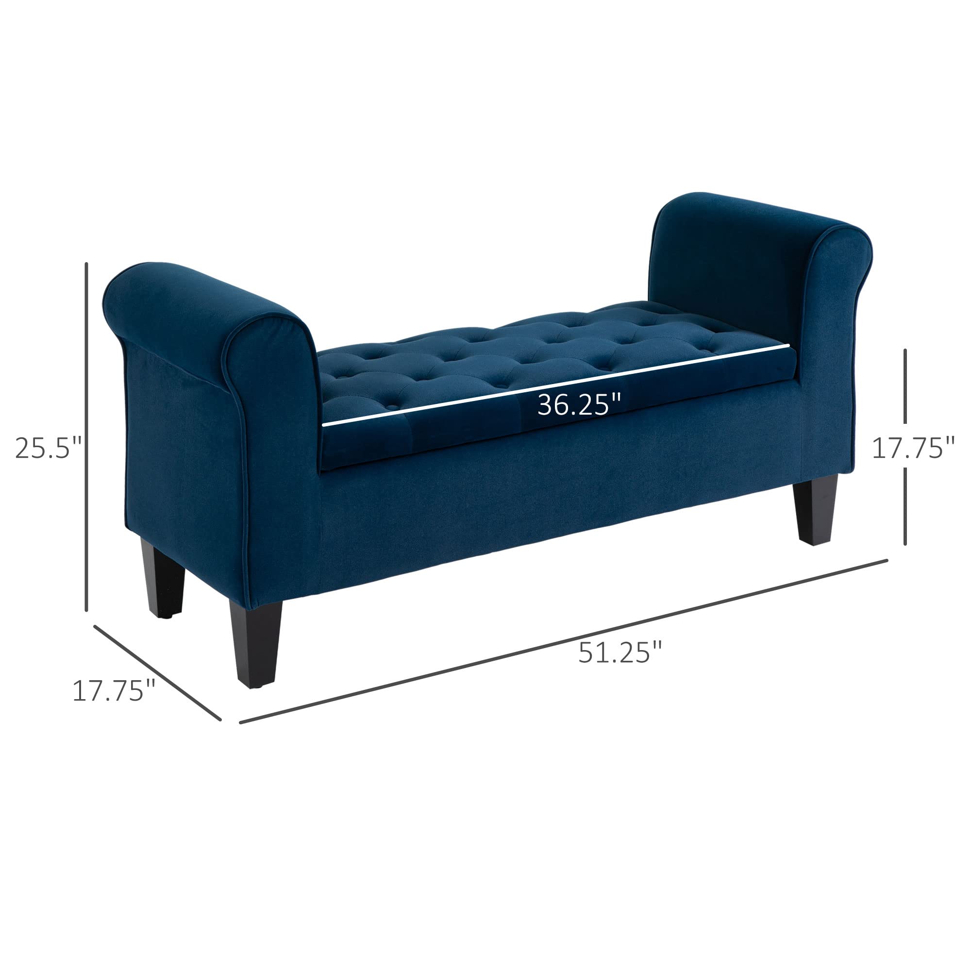 HOMCOM Button-Tufted Storage Ottoman Bench, Upholstered Bench with Rolled Armrests for Living Room or Hallway, Blue