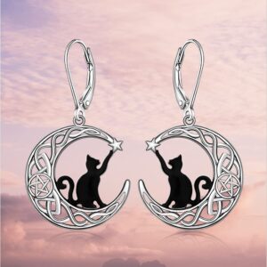 Black Cat Earrings for Women Sterling Silver Leverback Cute Animal Crescent Moon Celtic Knot Dangle Drop Earrings Hypoallergenic Cats Lover Halloween Gifts