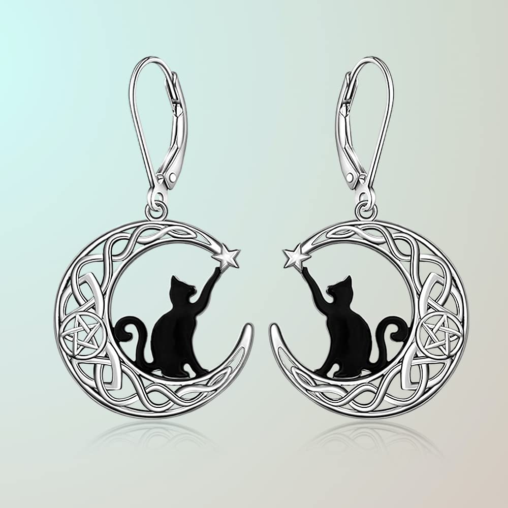 Black Cat Earrings for Women Sterling Silver Leverback Cute Animal Crescent Moon Celtic Knot Dangle Drop Earrings Hypoallergenic Cats Lover Halloween Gifts